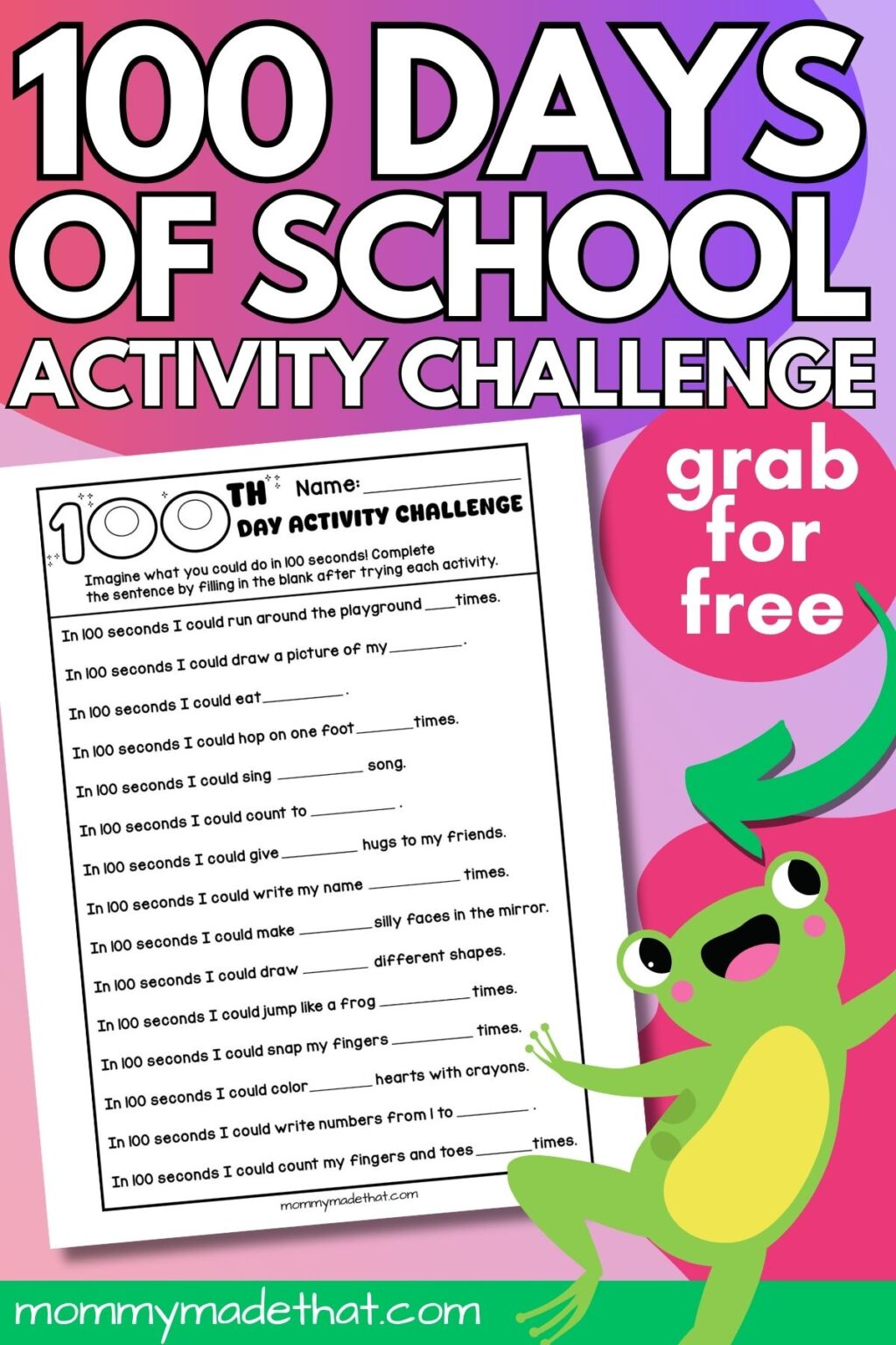 100th Day of School Activity Challenge (Free Printable)