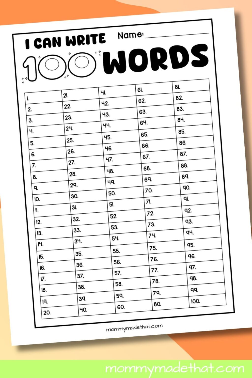 100th Day of School Word Writing Activity