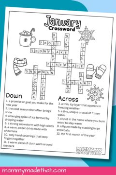 January Crossword Puzzle (Free Printable for Kids)