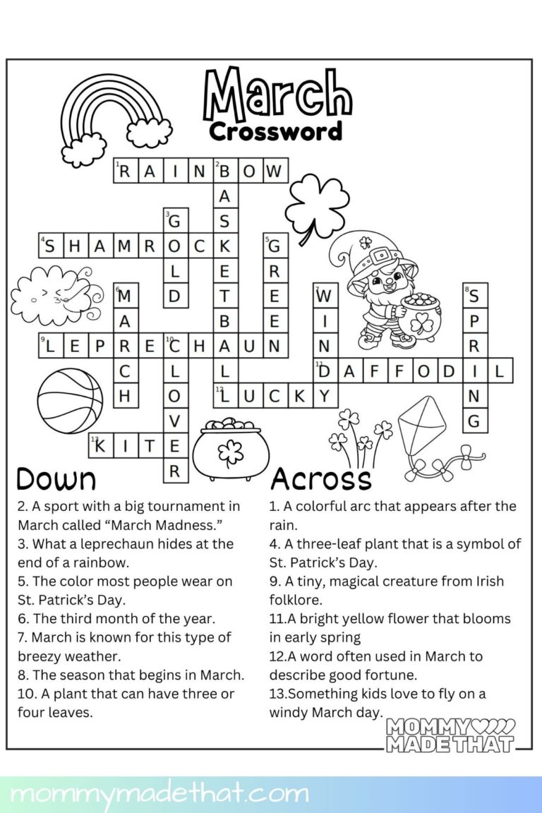 March Crossword Puzzle (Free Printable with Answer Key)
