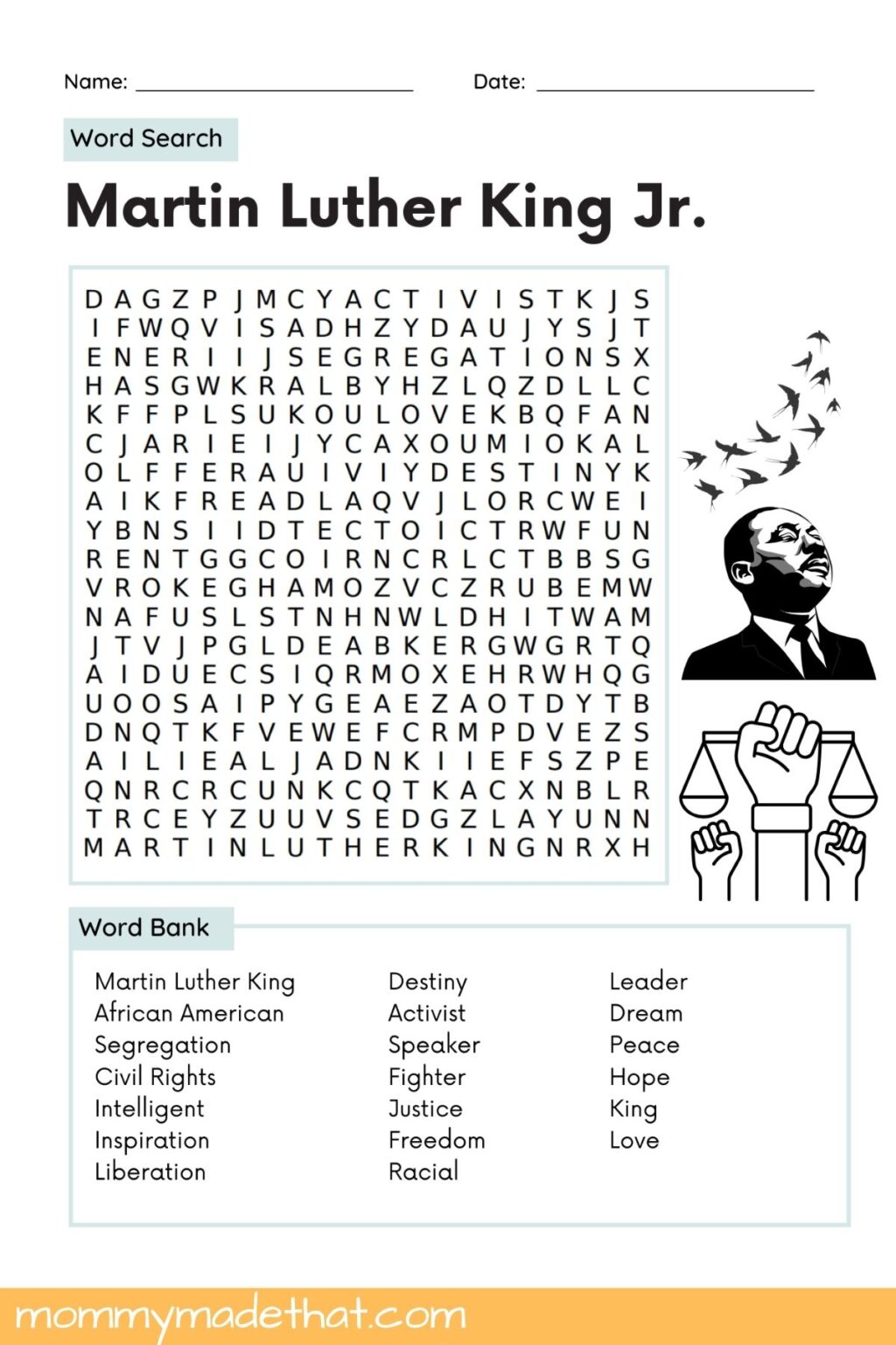 Martin Luther King Jr. Word Search (Free Printable + Answer Key)