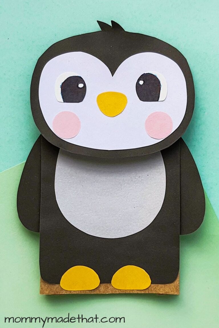 Paper Bag Penguin Craft (With Free Printable Puppet Template)