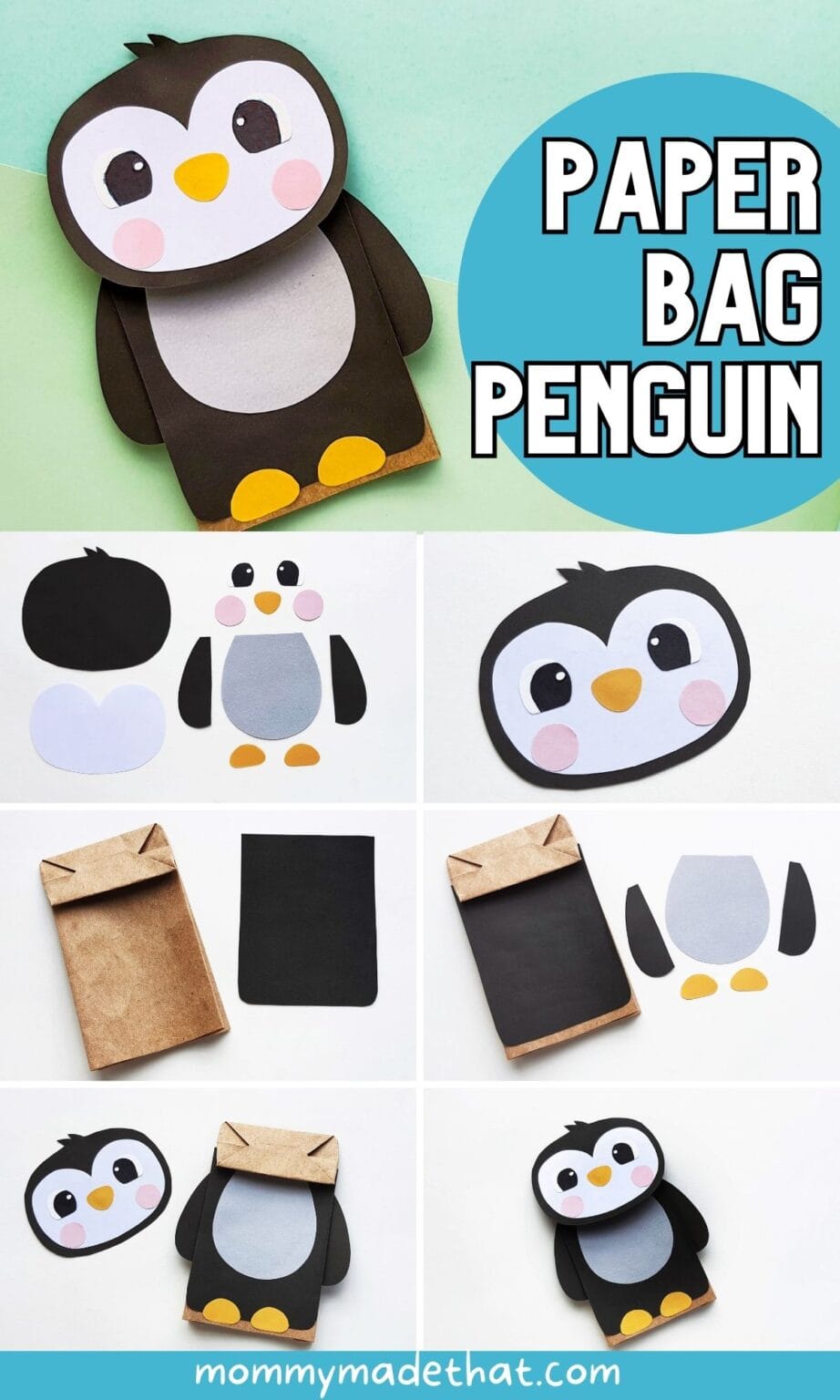 Paper Bag Penguin Craft (With Free Printable Puppet Template)